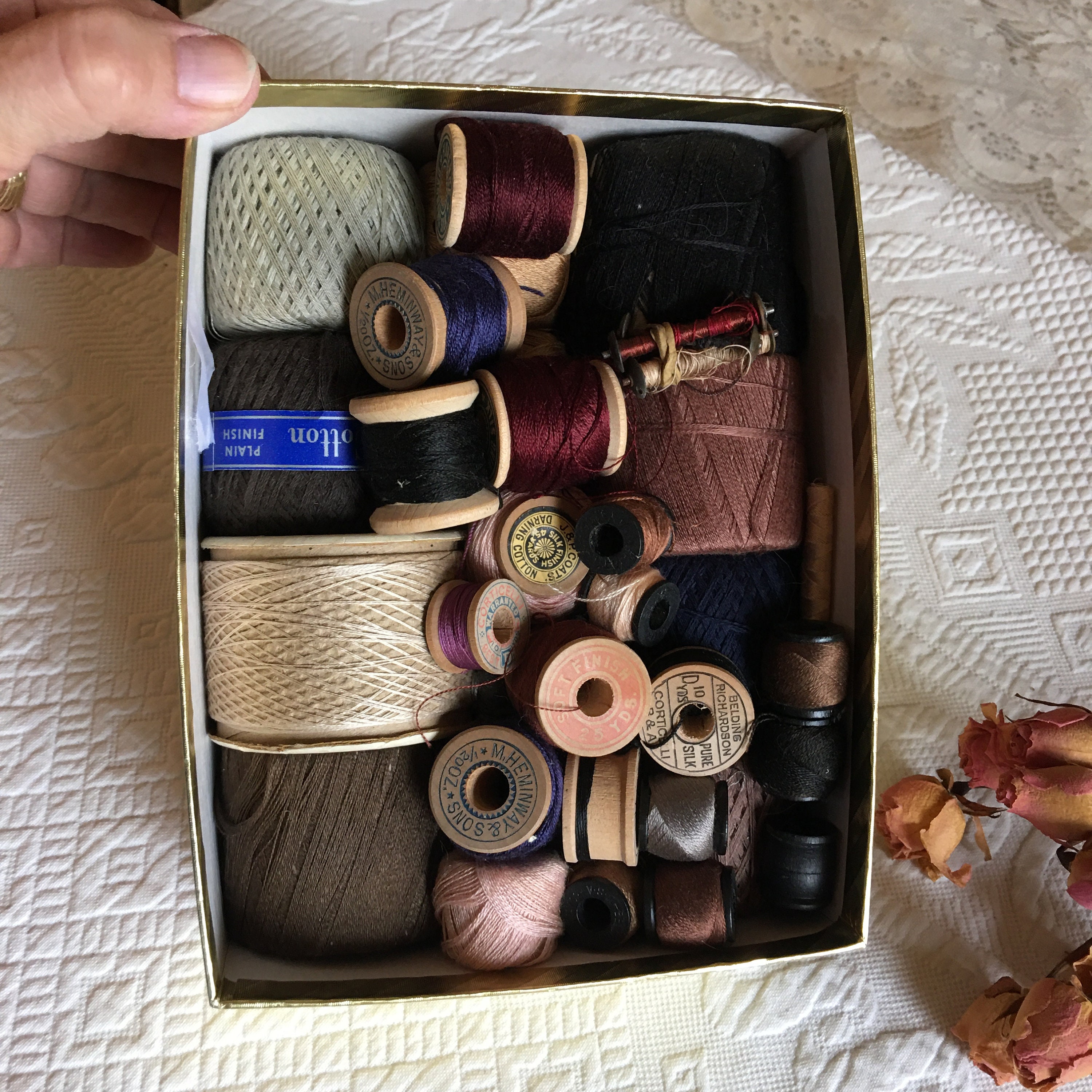 Antique Threads on Wooden Spools and Bobbins Plus Mending Cotton Thread ...