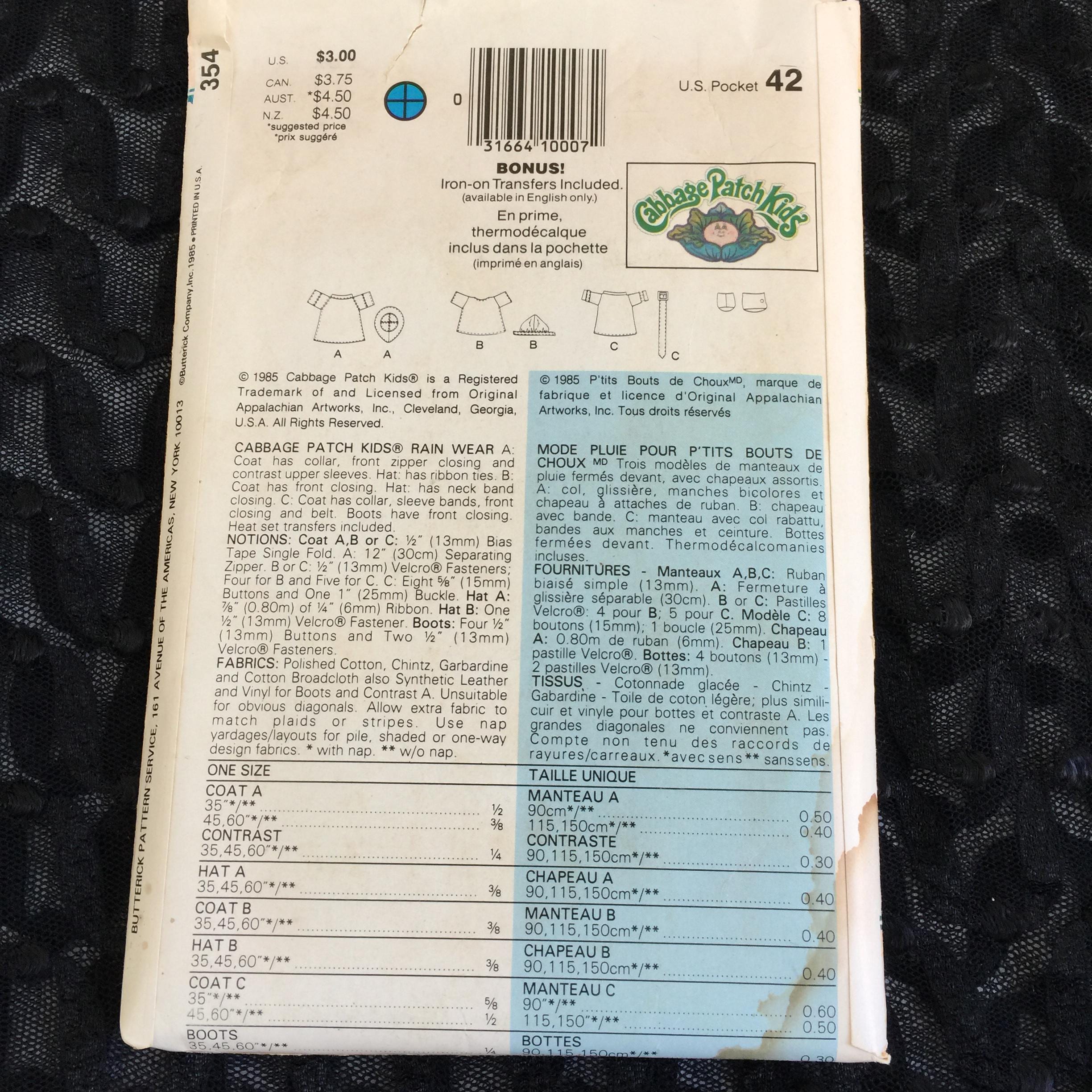 Vintage 1984-85 Cabbage Patch Kids Patterns 354 Rainwear, 6511 Shorts ...