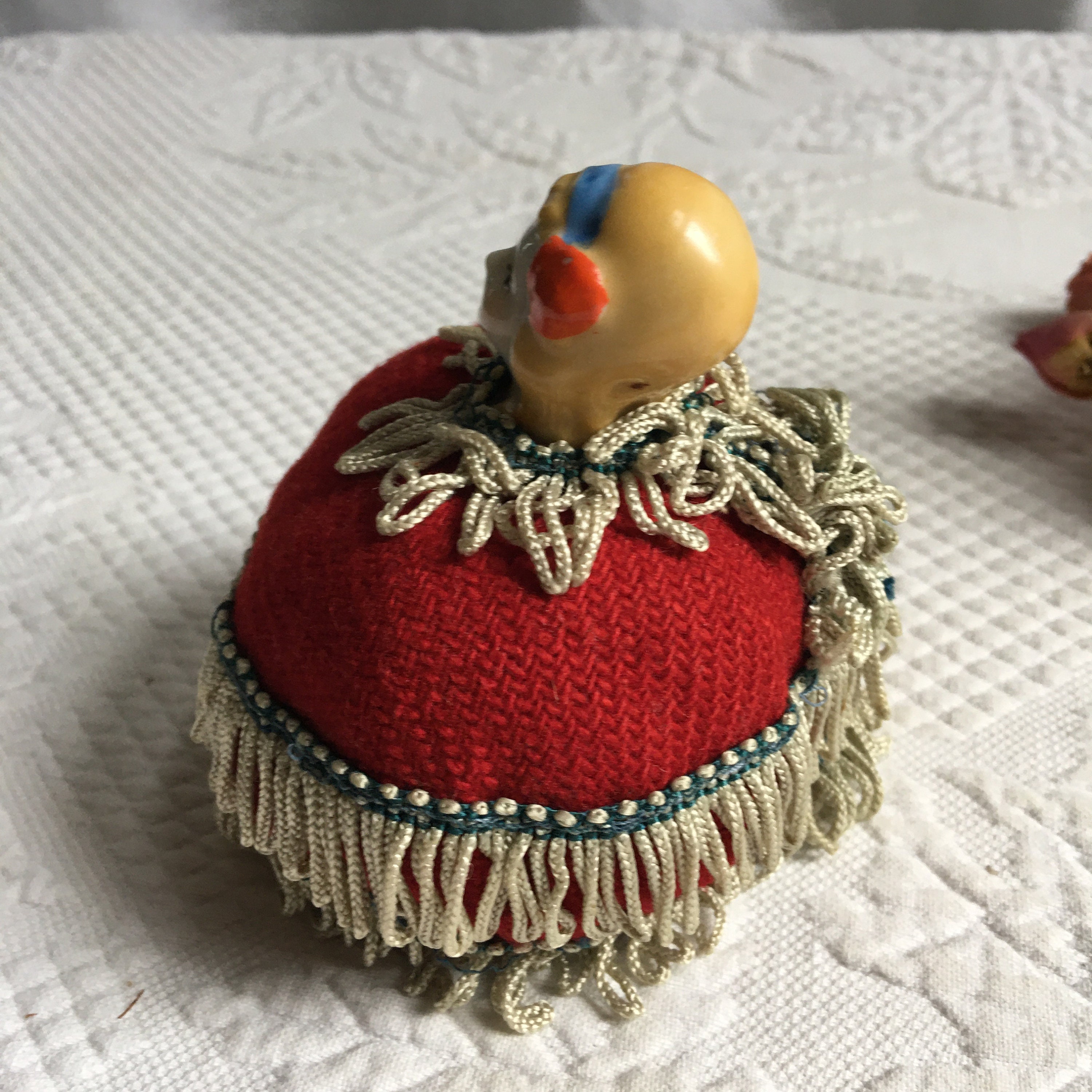 Vintage Pin Cushion. Porcelain Doll Head With Red Woven Wool - Etsy