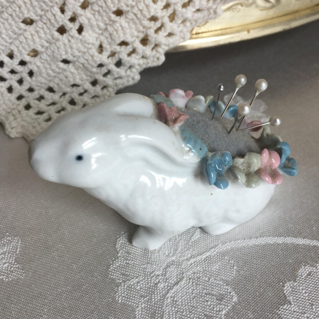 Vintage White Rabbit Pin Cushion. Porcelain Rabbit With Flowers in ...