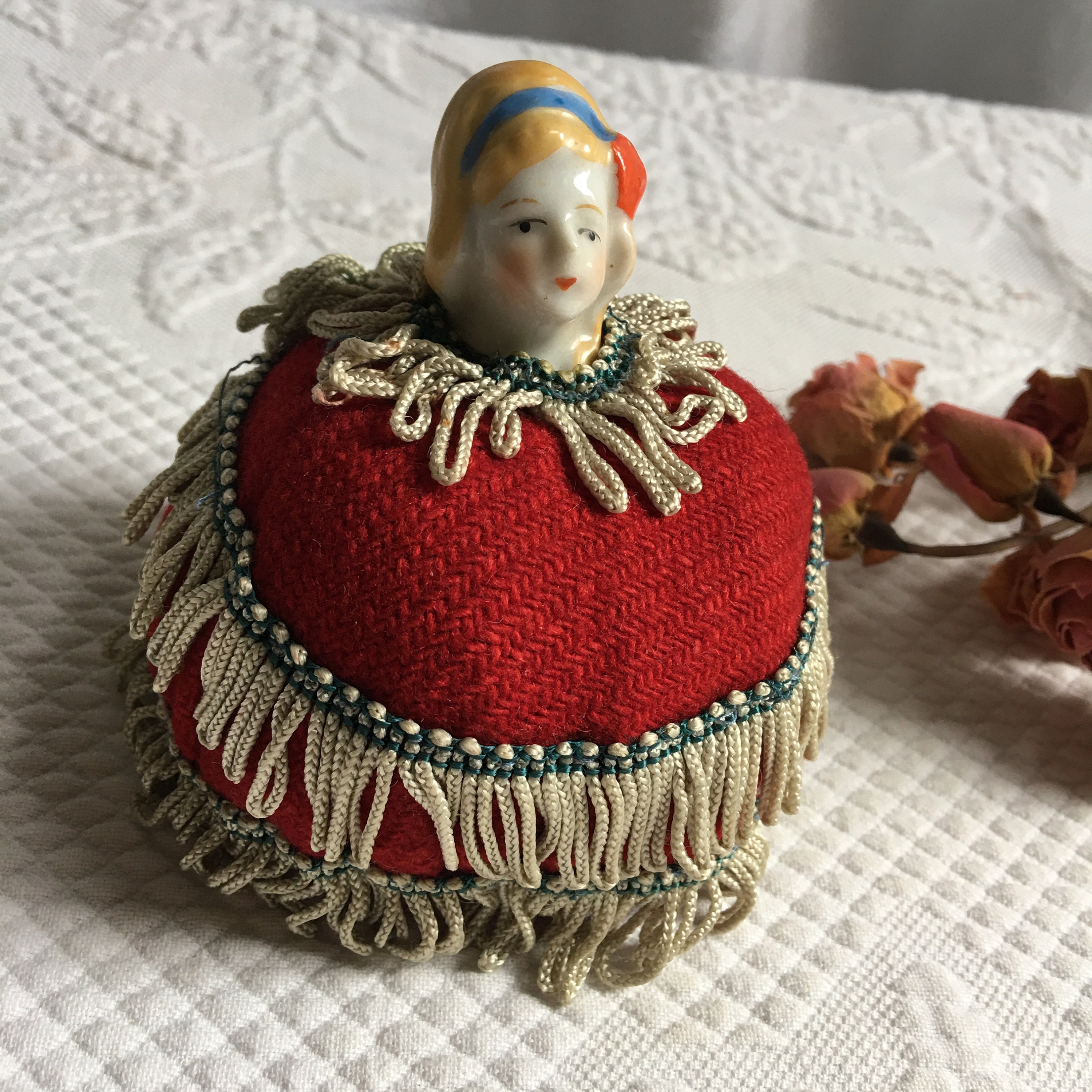 Vintage Pin Cushion. Porcelain Doll Head With Red Woven Wool - Etsy