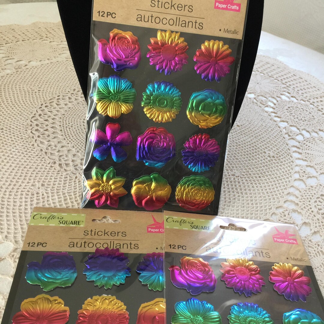 12 Metallic Paper Flower Stickers With Different Colors and Iridescent ...