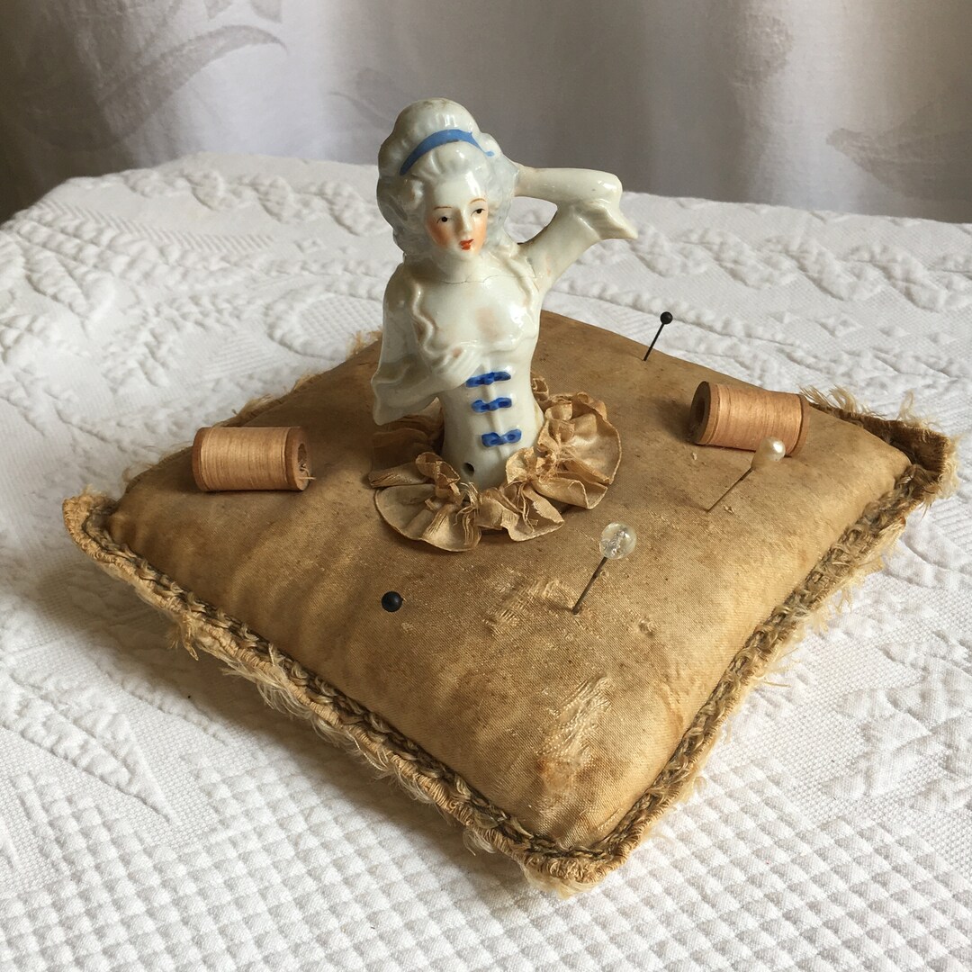 Antique Lady Pin Cushion. Victorian Porcelain Lady in Center of Square ...