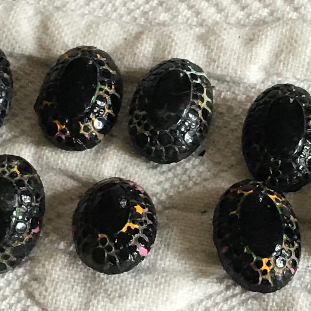 Antique Victorian Jet Glass Buttons: Yellow & Green Painted Ovals - Etsy
