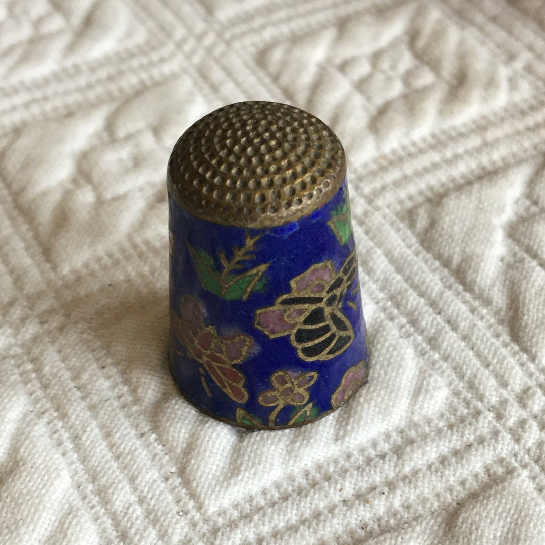 Vintage Cloisonne Thimble. Blue Background With Butterflies, Flowers ...
