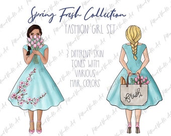 Spring Summer Clipart Printable Art Girl With Flowers - Etsy