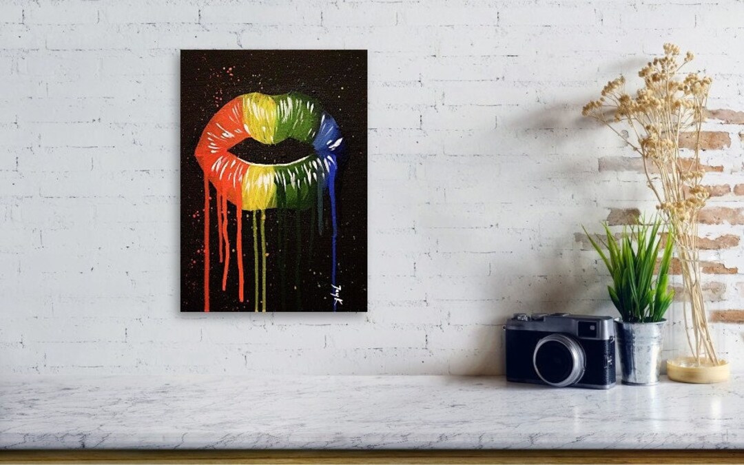 Drip Painting Rainbow Pop Art Dripping Lips Wall Art Acrylic on Canvas ...