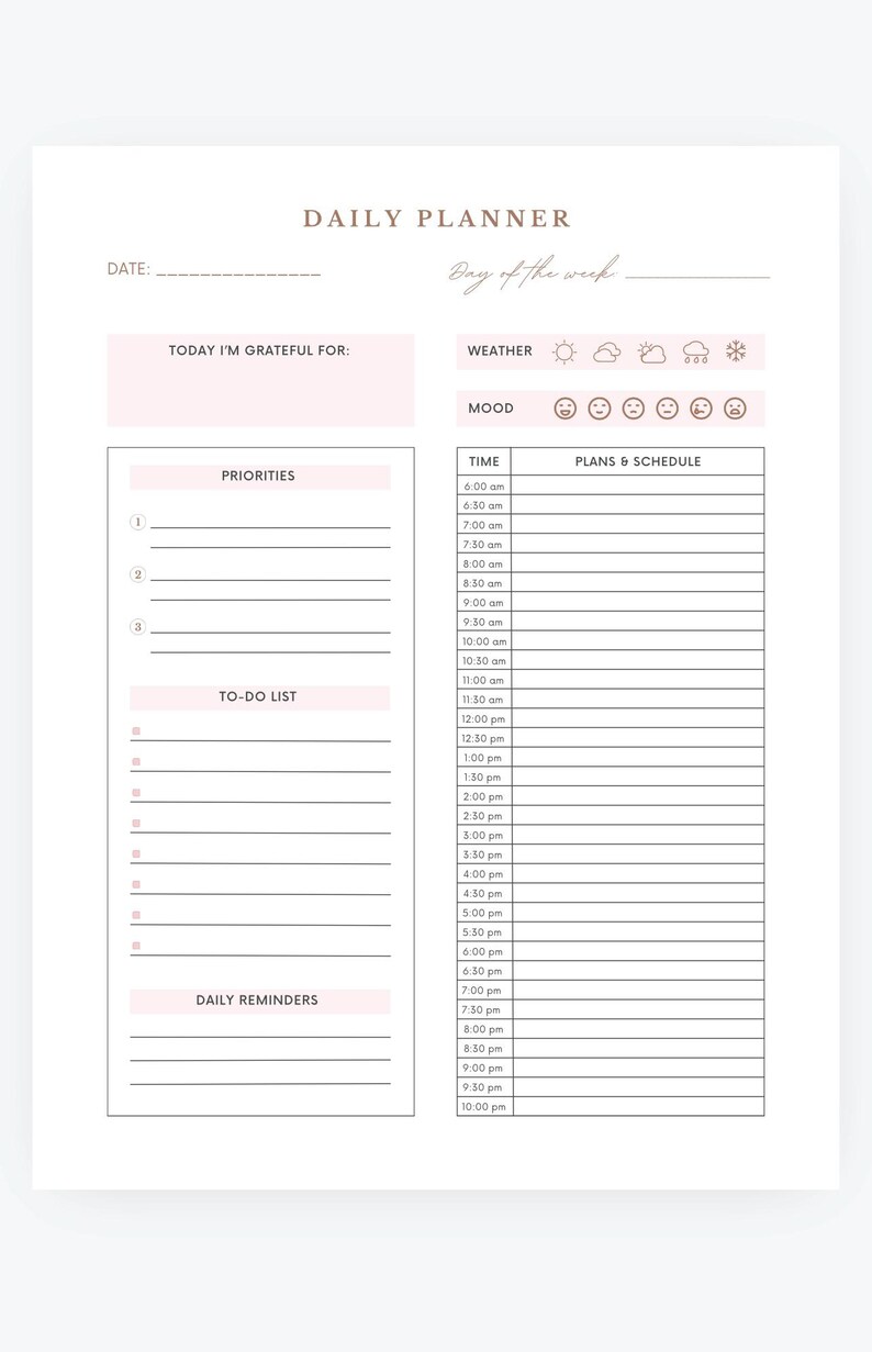 Pink Minimalist Daily Planner Printable: Hourly Schedule (JPG File) - Etsy