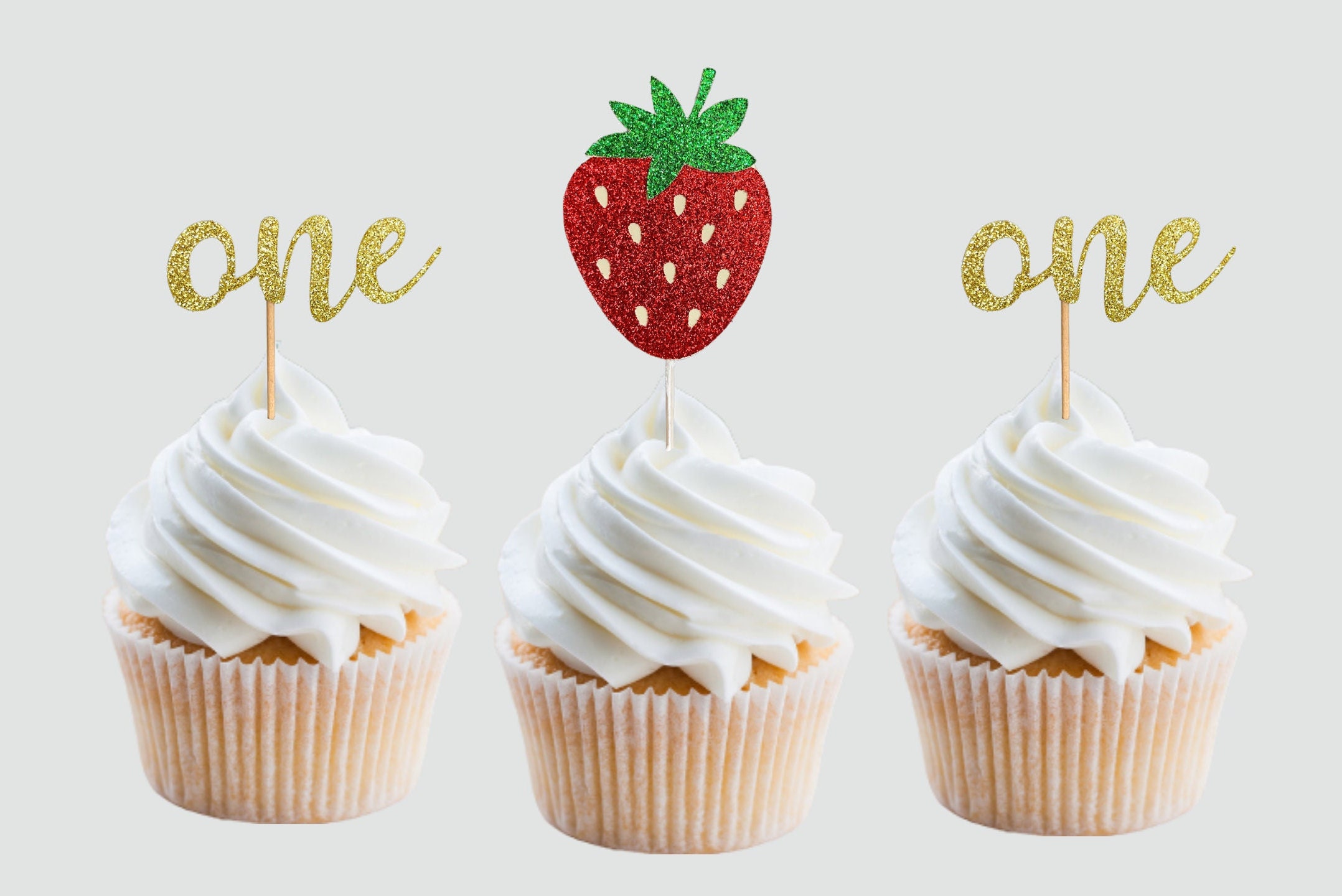 Sweet One Strawberry CUPCAKE Toppers Baby Birthday Girl | Etsy