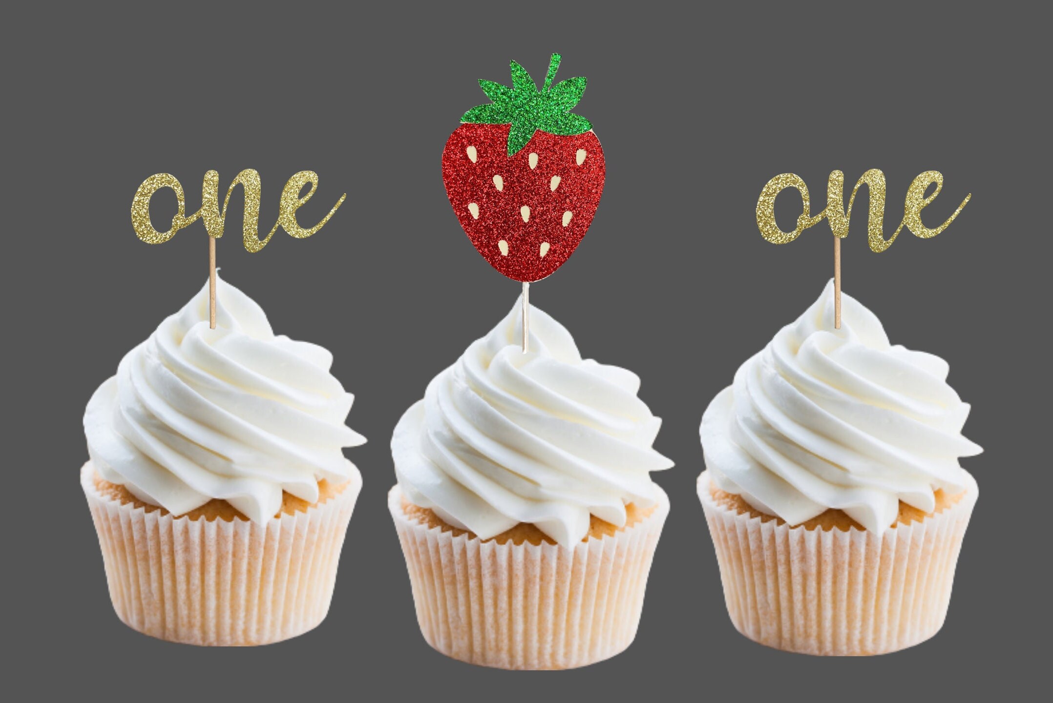 Sweet One Strawberry CUPCAKE Toppers Baby Birthday Girl | Etsy