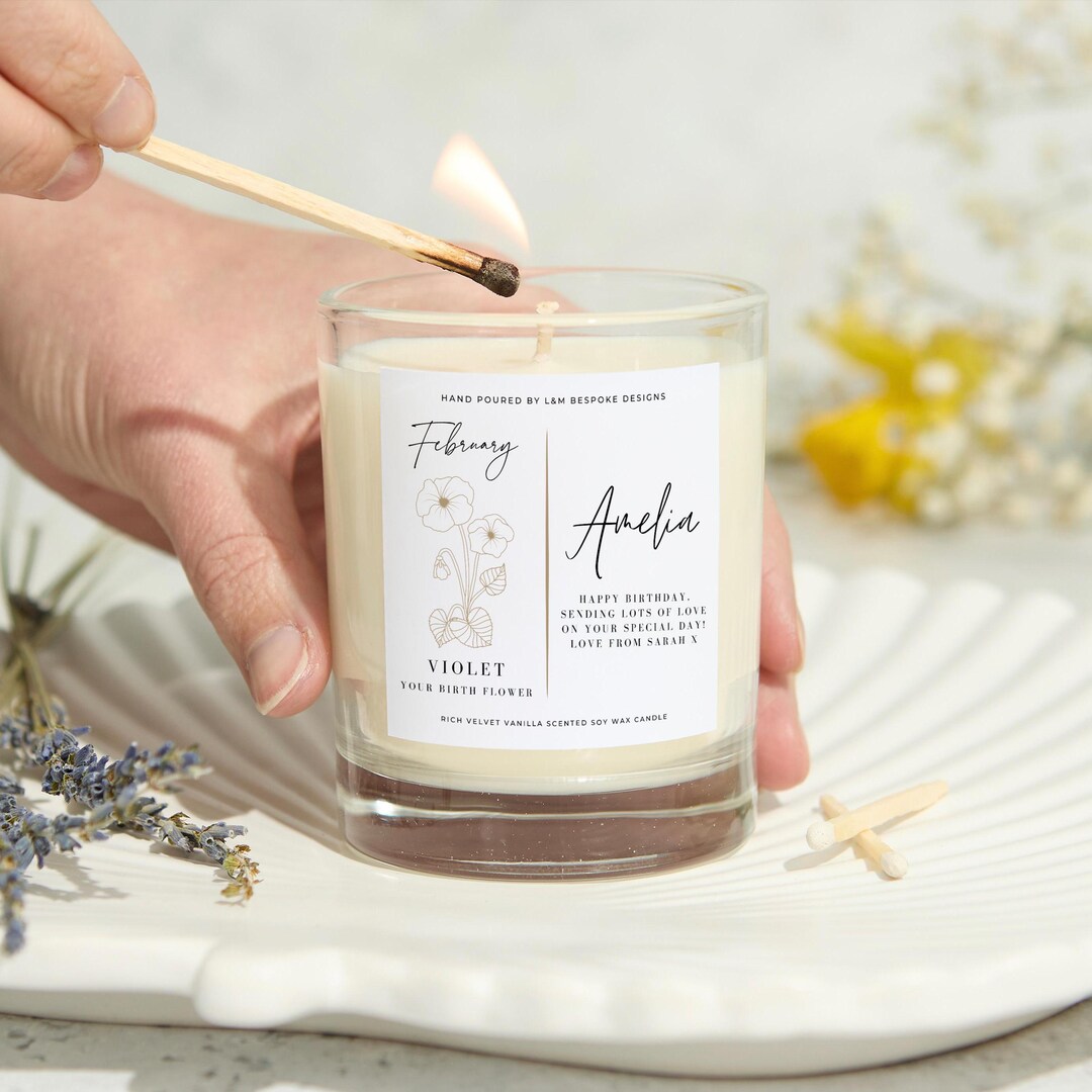 Personalised Birth Flower Candle Gift: - Handmade Scented Soy Wax ...
