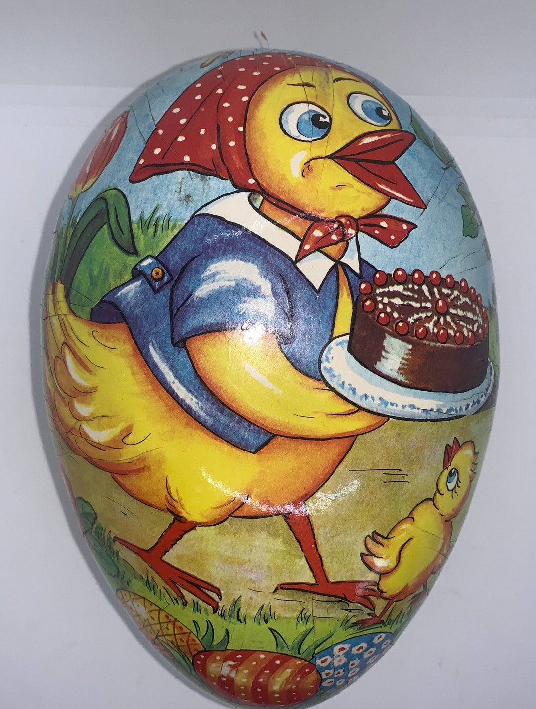 Vintage German Paper Mache Easter Egg Box: Chick With Cake Decor (XL 10 ...
