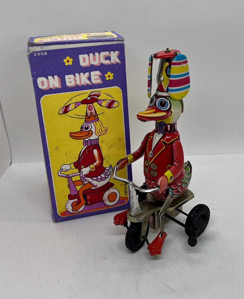 Vintage Metal Wind up Duck Toy on Bike - in Original Box - Etsy