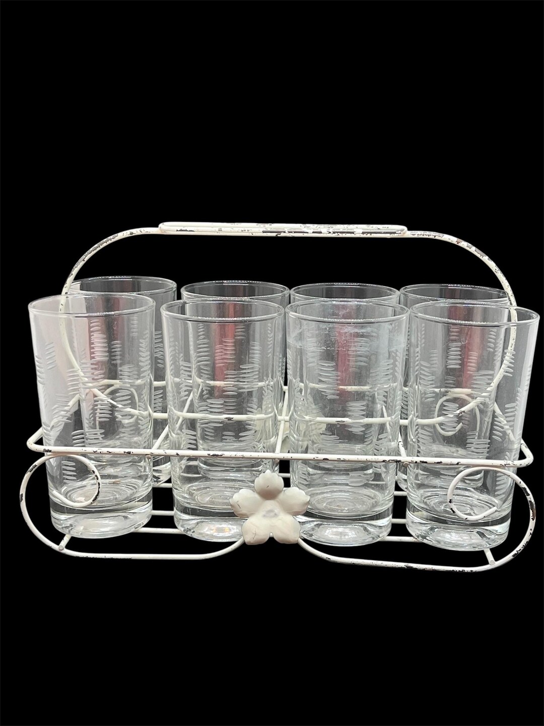 Vintage Libby Dartel Etched Drinking Glasses With Metal Carrier: MCM ...