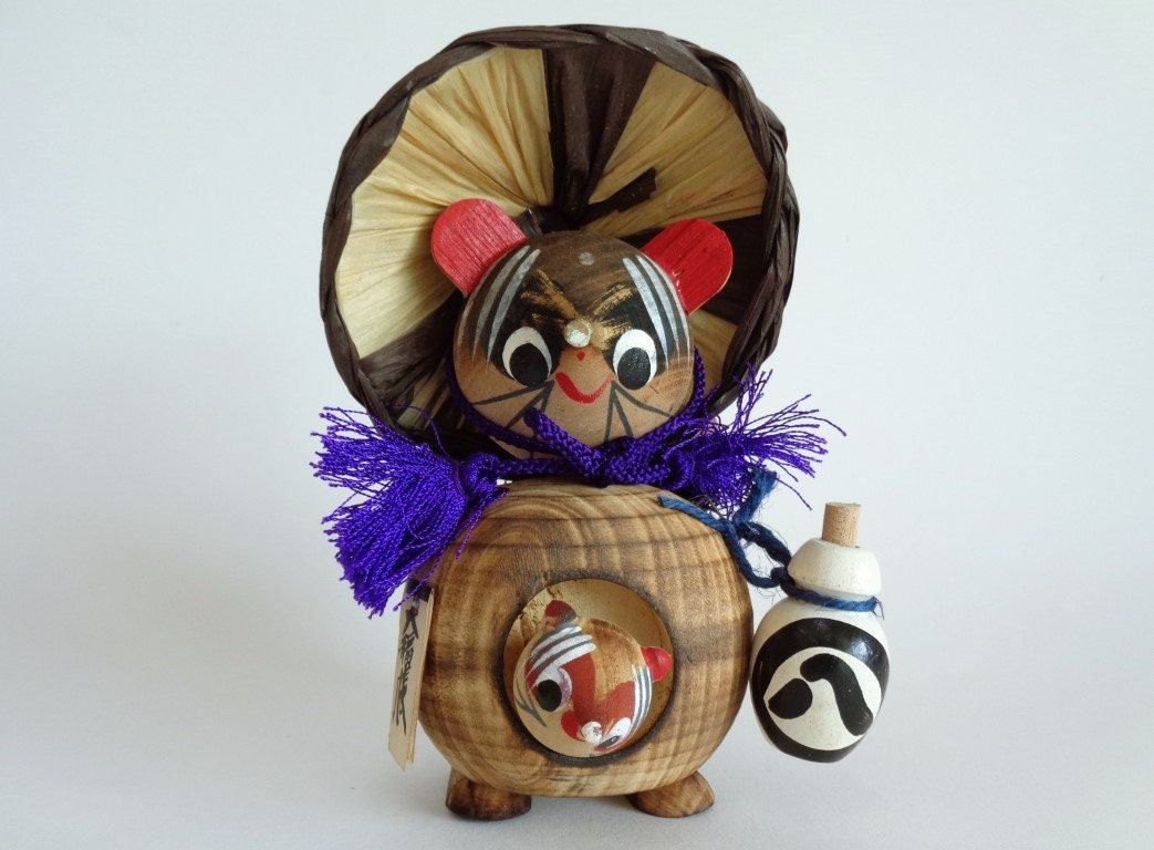 TANUKI Wooden Sculpture / Lucky Tanuki Okimono /vintage Japanese Wooden ...