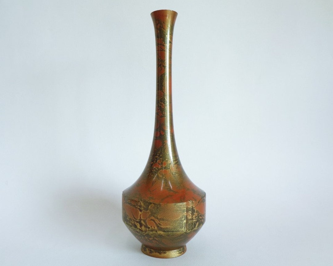 S7231 Takaoka Copper-bronze Vase ,japanese LONG NECK Bronze Vase ...