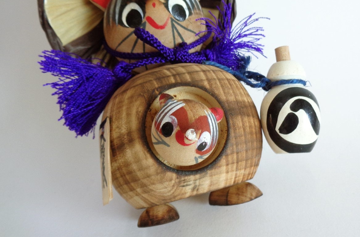 TANUKI Wooden Sculpture / Lucky Tanuki Okimono /vintage Japanese Wooden ...