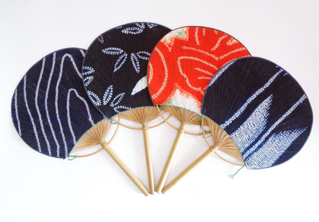 Uchiwa Bamboo-paper & Art Textile Fans, Collection of 4 Vintage ...