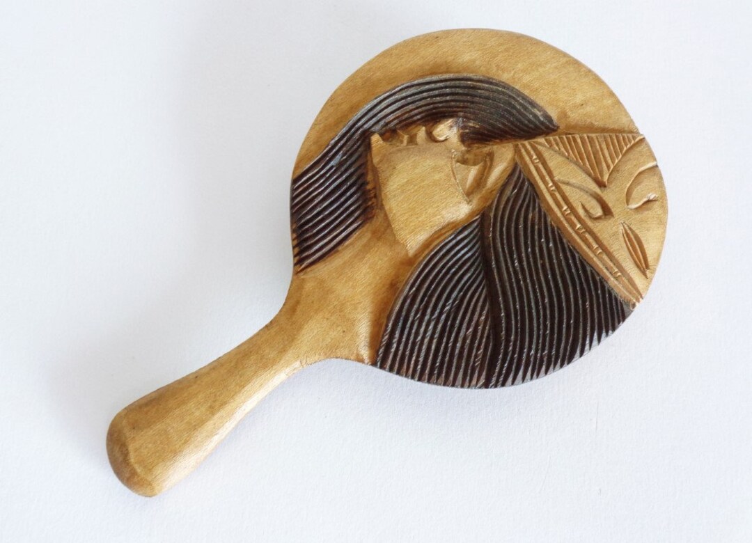 Wooden Hand Mirror Japanese AINU Hokkaido Fine Wood Carving Folk Craft ...