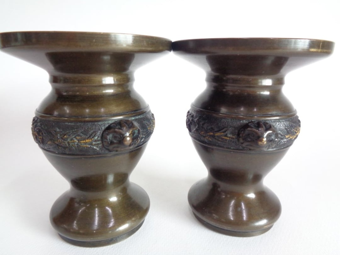 S7360 Pair of Buddhist Altar Bronze Vases Japanese Butsudan Kabin ...