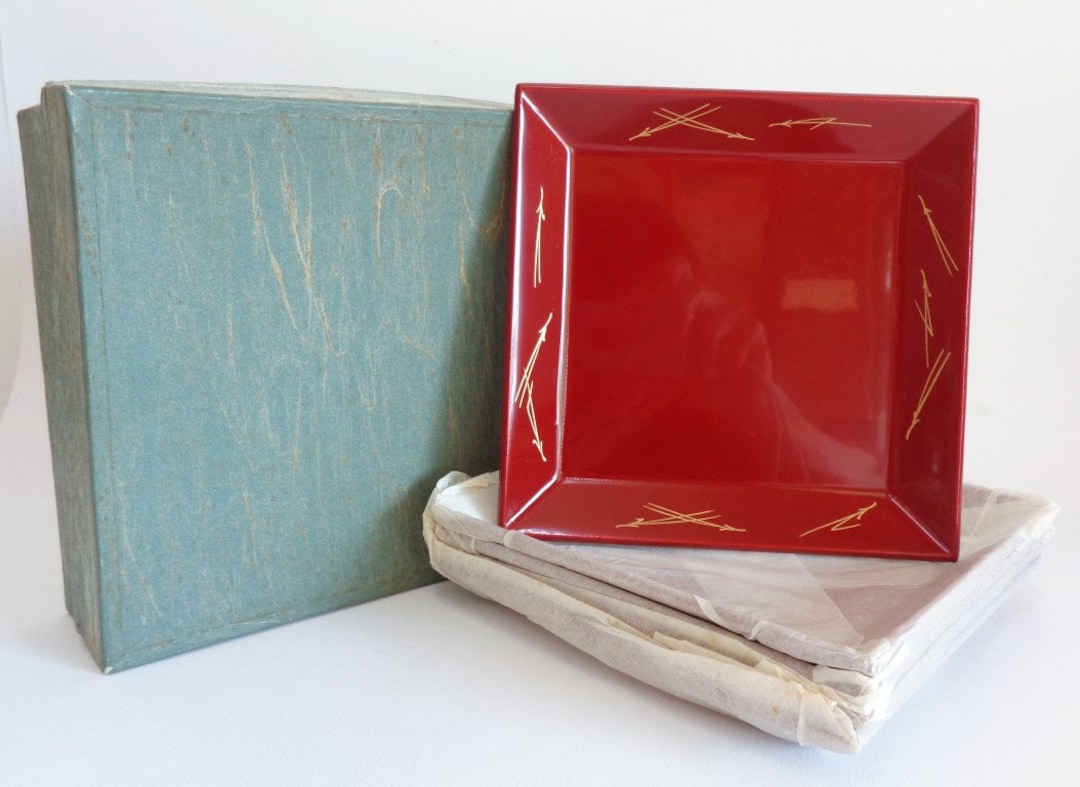 Japanese Lacquer Wooden Square Plates With Gold Maki-e,handmade Red ...