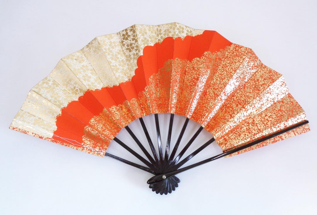 Old Mai Ogi Dance Fan Japanese Paper & Bamboo Mai-ogi Two Sides Pattern ...