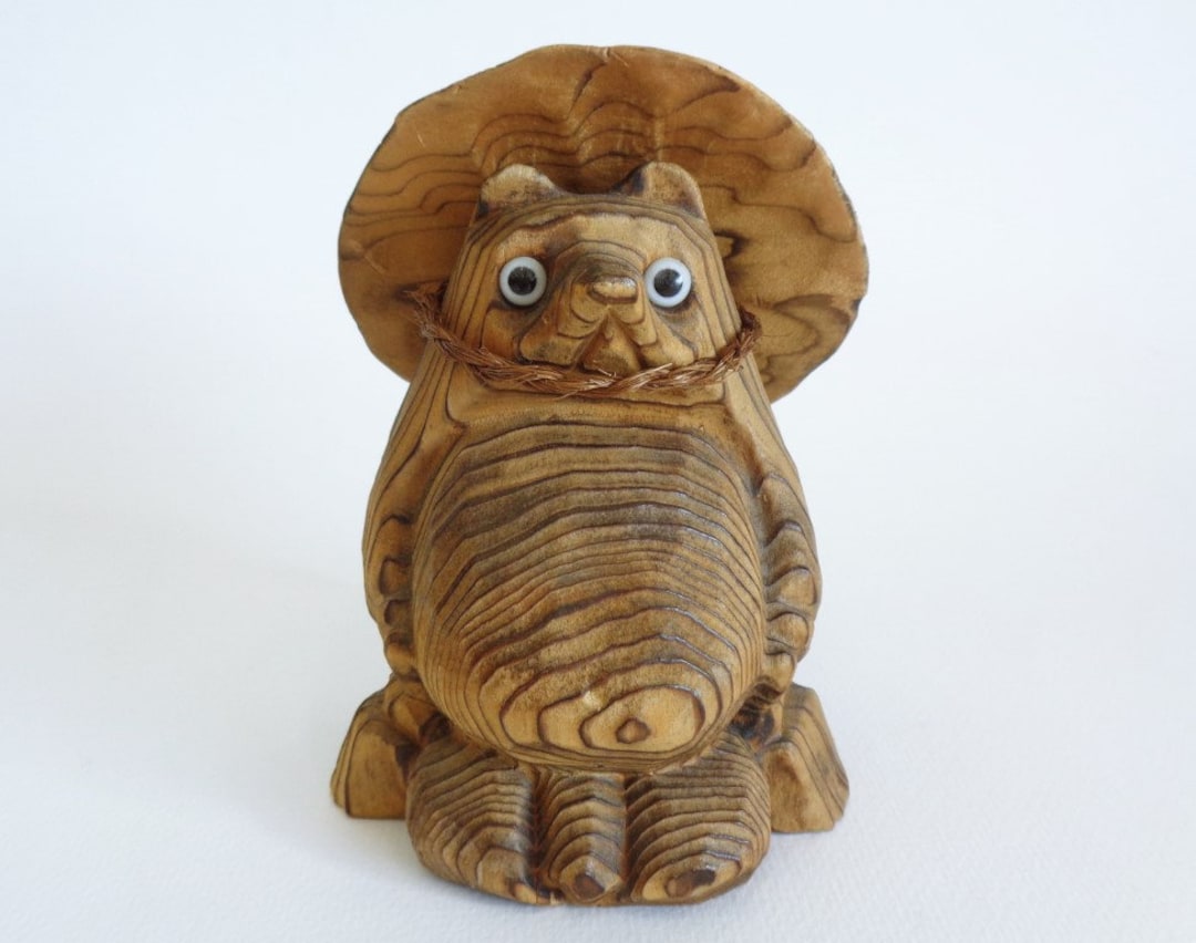 Old TANUKI Wooden Sculpture Cryptomeria Wood Hand Carved Good Luck ...