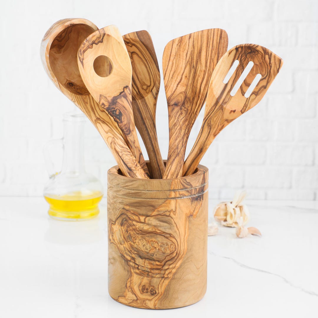 Olive Wood Utensil Set With Holder: 5 Handmade Essential Utensils - Etsy