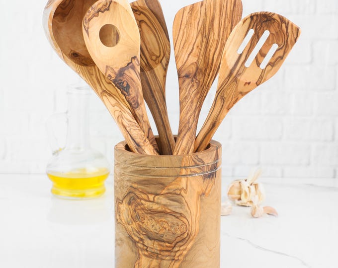 Olive Wood Utensil Set With Holder: 5 Handmade Essential Utensils - Etsy