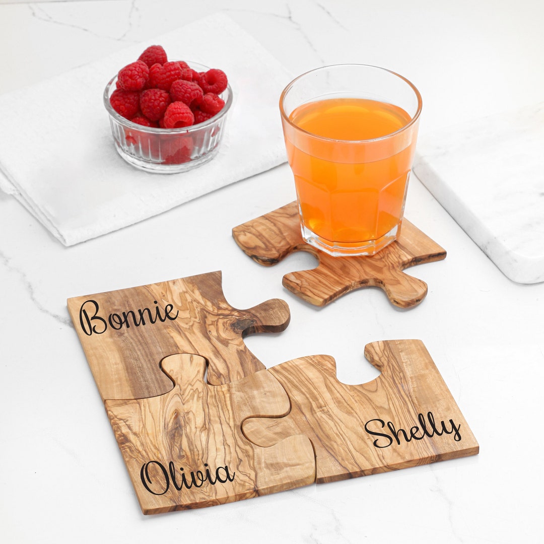 Personalized Puzzle Coasters Handmade From Olive Wood/ Set of 4 Wood ...