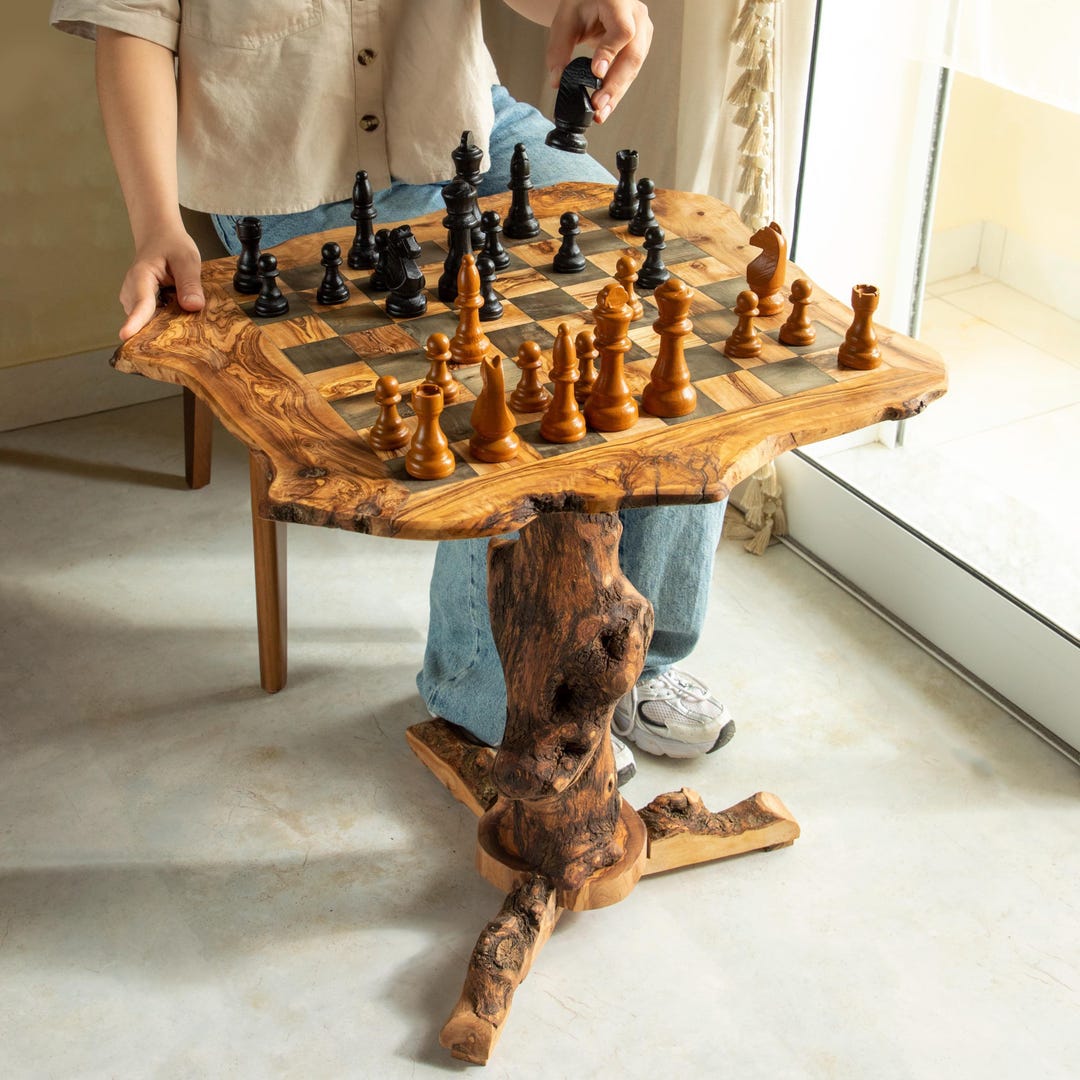 Olive Wood Chess Table With Natural Edges Wooden Chess Set Table ...