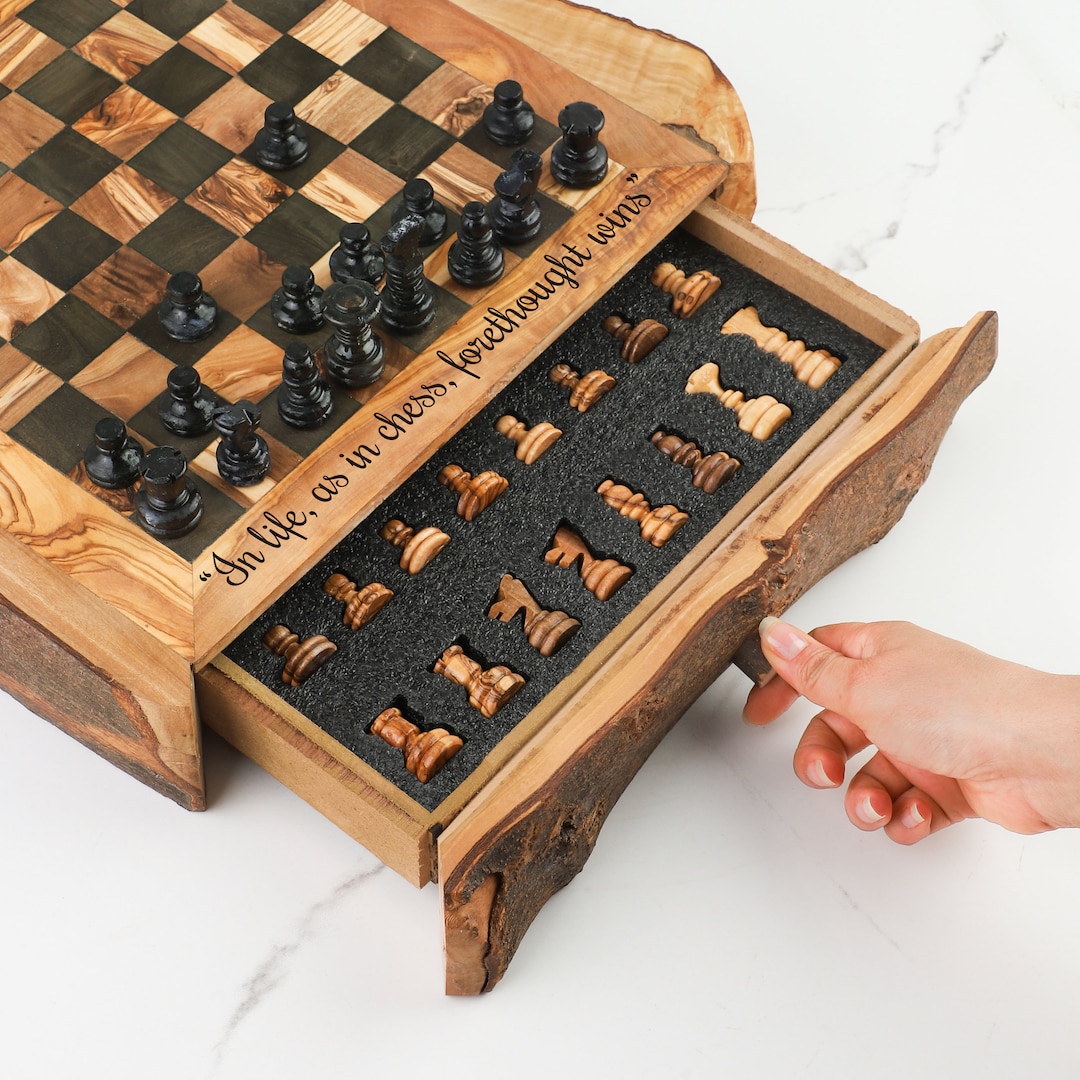 Rustic Olive Wood Chess Set With Storage Wooden Chess Board With Pieces ...