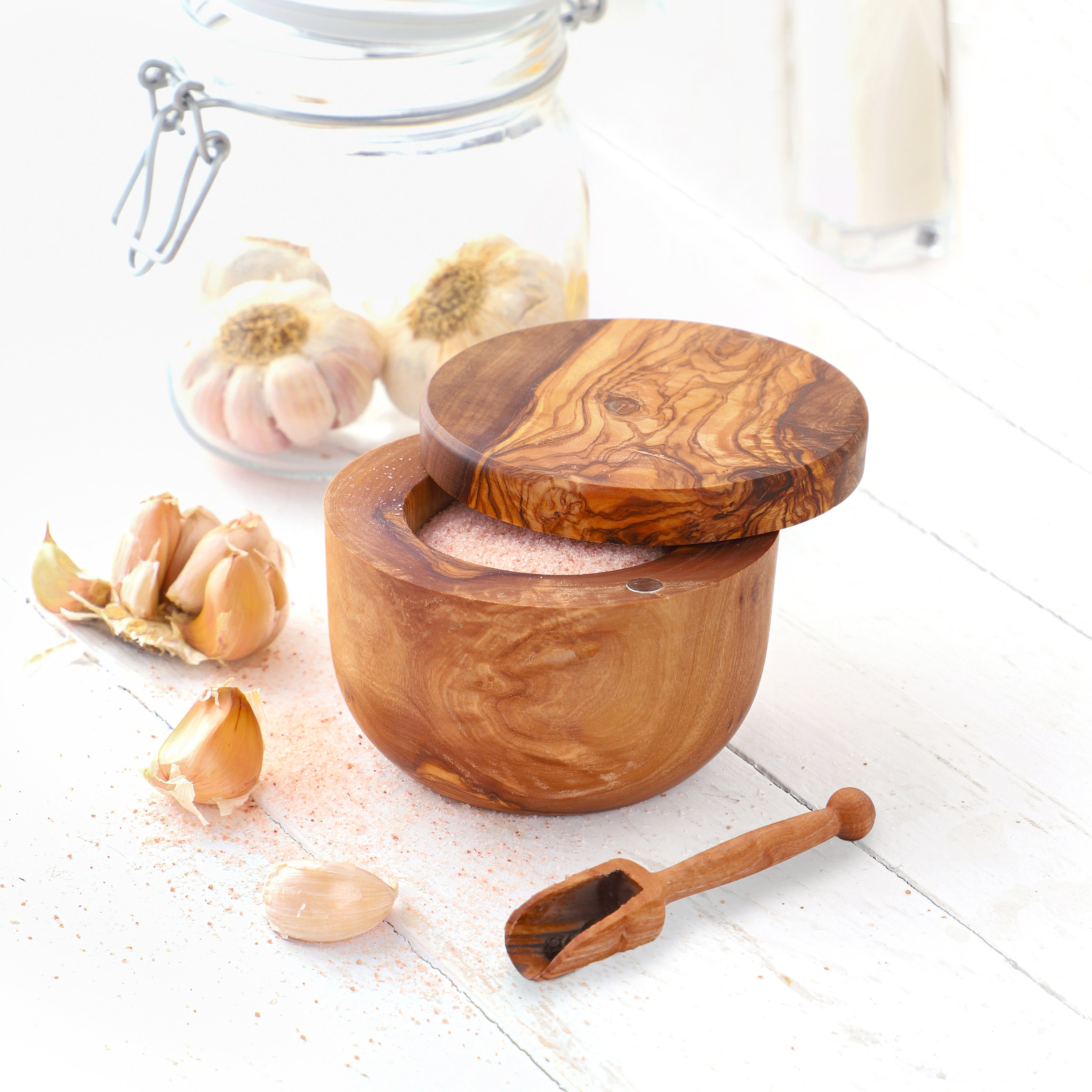 maple handmade pot with spoon Small turned salt and spice bowl with lid ...