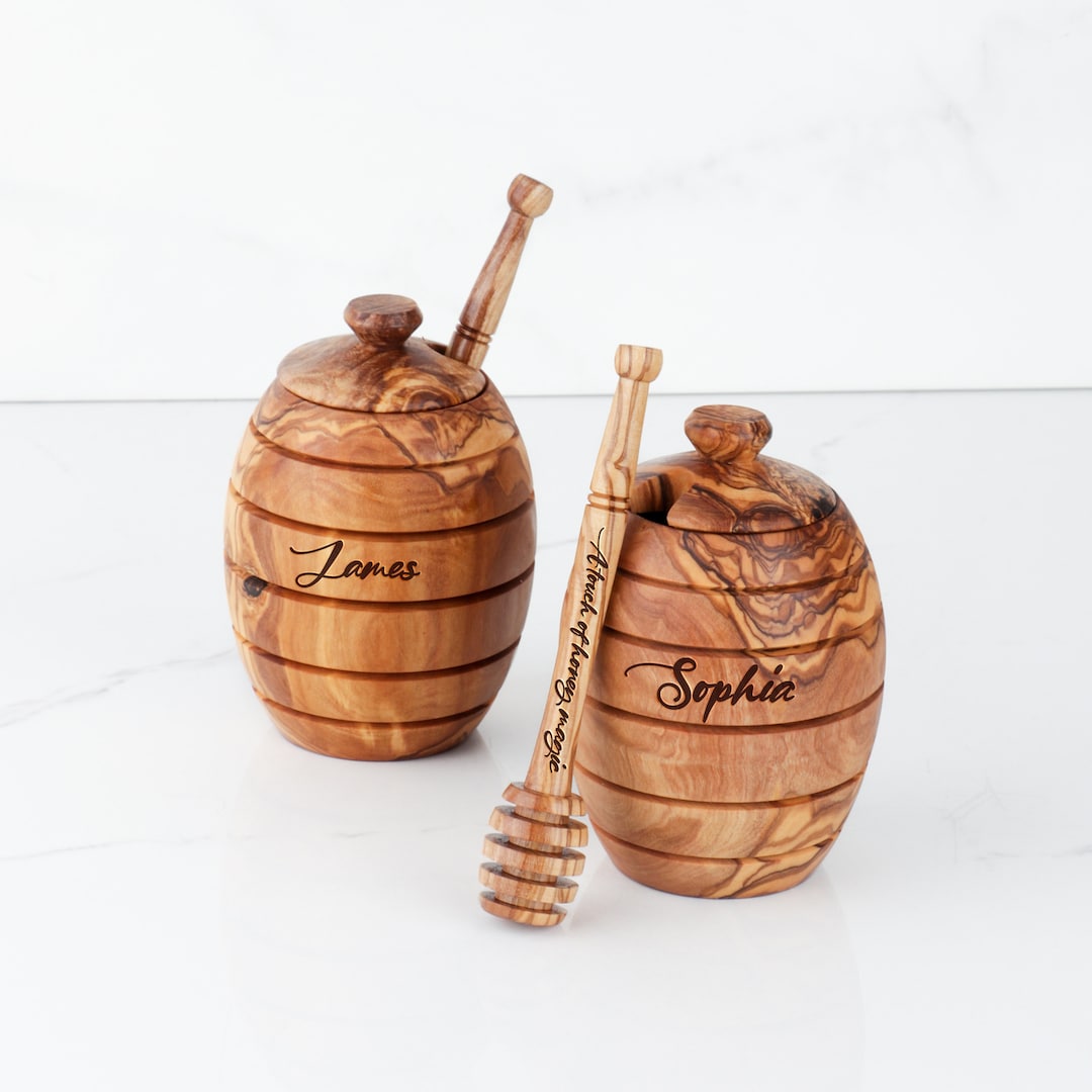 Set of Wooden Honey Pots With Dipper Olive Wood Honey Pot Honey Jar ...