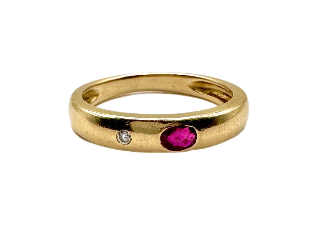 14K Gold Vintage Gypsy Flush Set Ruby and Diamond Ring - Etsy