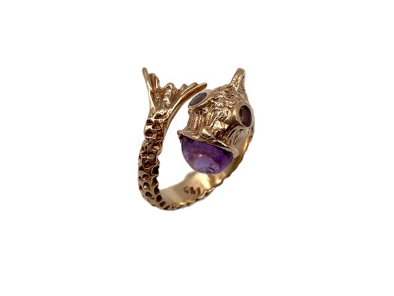 14K Gold Vintage Lucky Koi Fish Ring with Amethyst Ac… - Gem