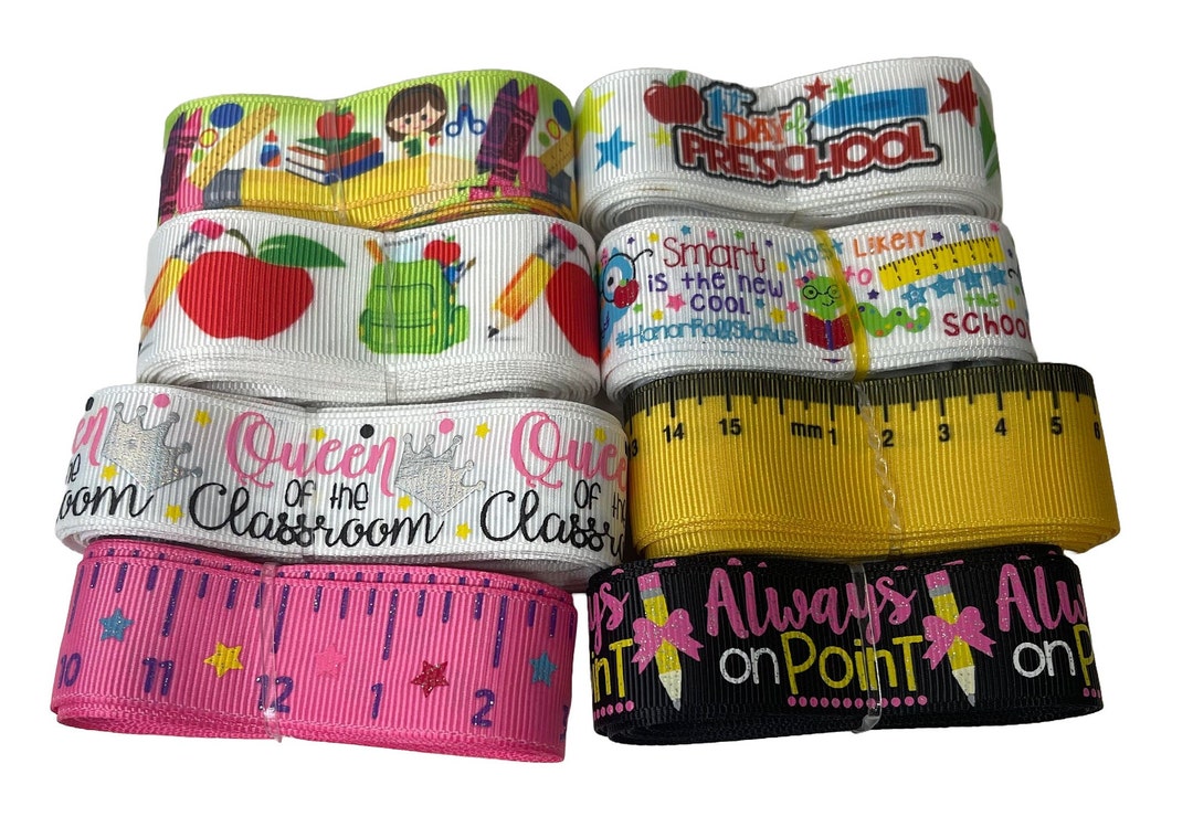 School Themed Ribbon Back to School 7/8 1 Ruler Ribbon Crayons Ribbon ...