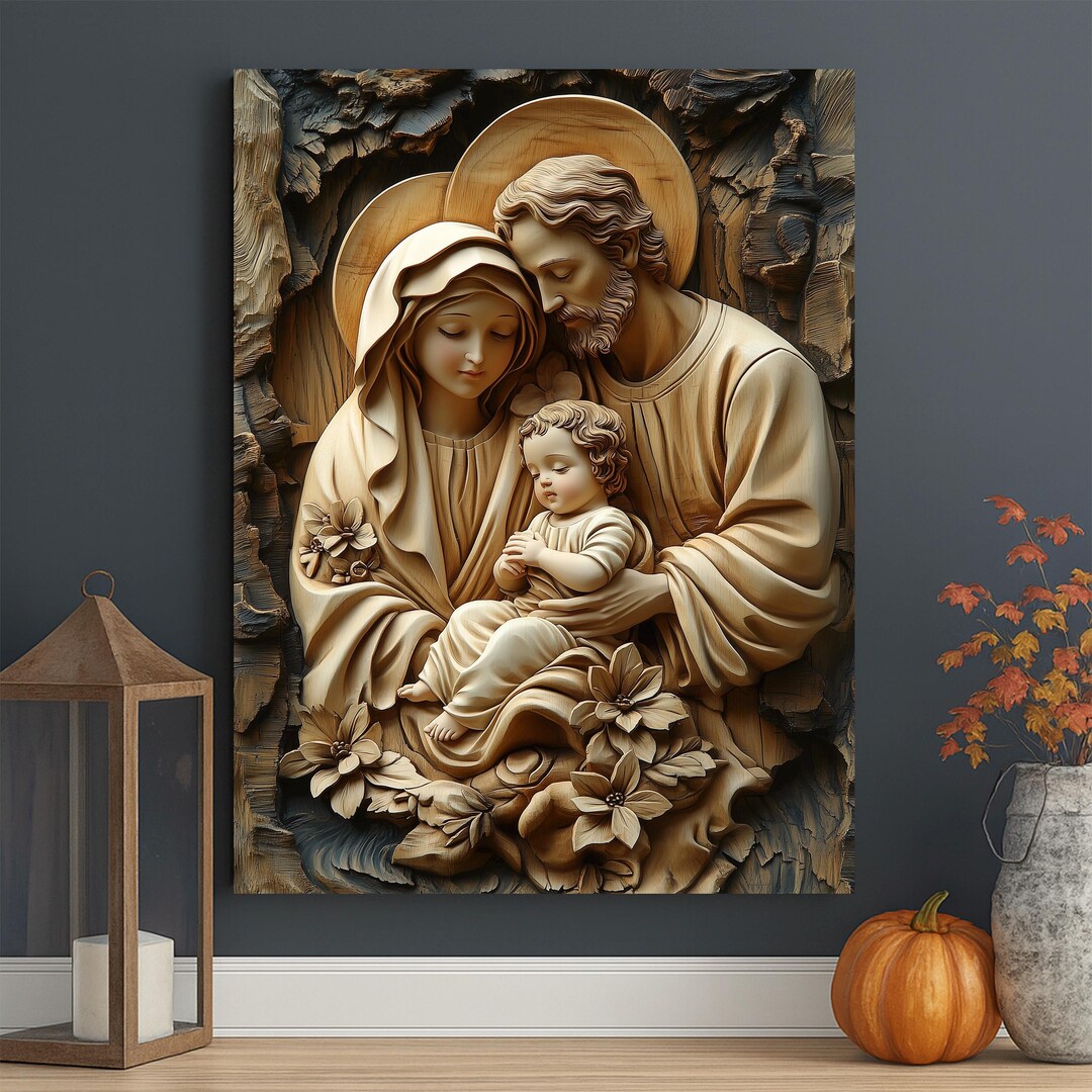 Holy Family Canvas: Wood Carving Style, Catholic Home Decor - Etsy