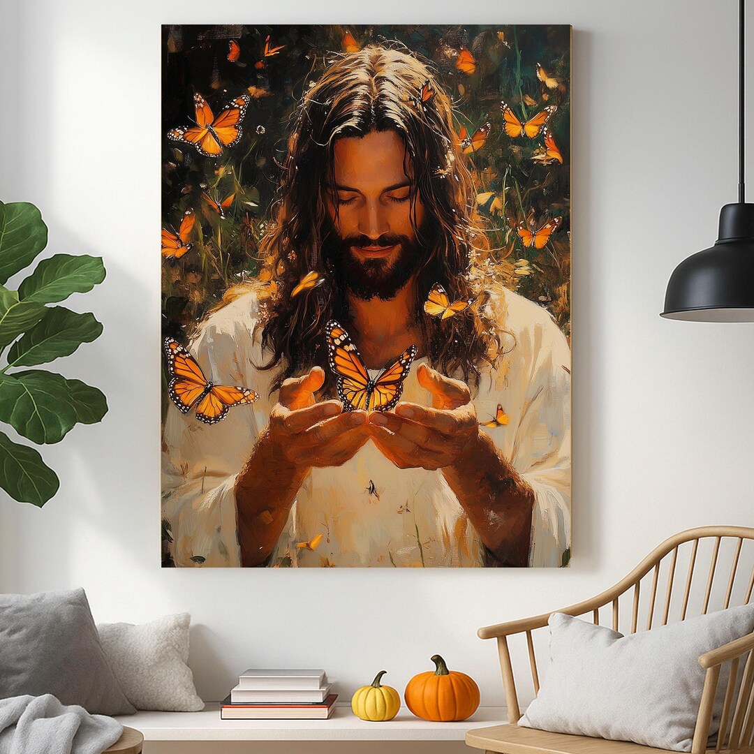 Jesus With Butterflies Canvas Wall Art | Spiritual Christian Painting ...