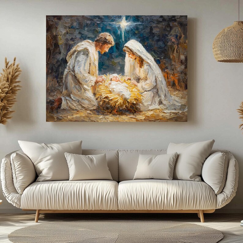 Holy Family Nativity Canvas – Baby Jesus Under Bethlehem Star ...