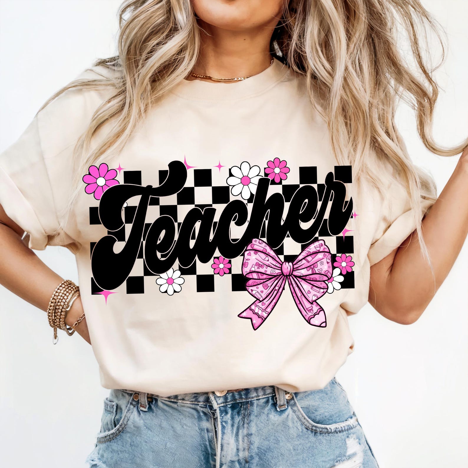 Teacher PNG | Pink Bow Checkered Sublimation Design | Cute Digital ...