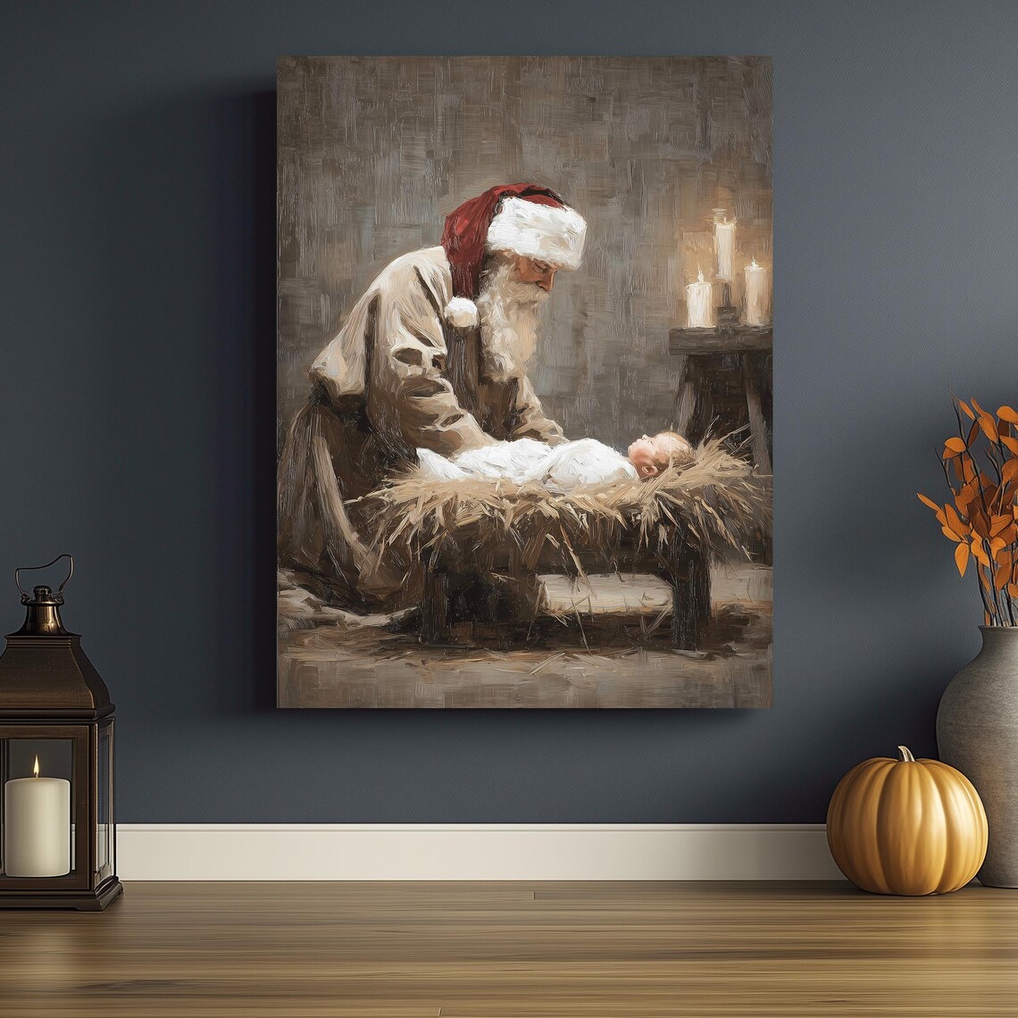 Santa Praying Over Baby Jesus – Nativity Painting Canvas, Christmas ...