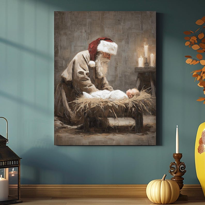 Santa Praying Over Baby Jesus – Nativity Painting Canvas, Christmas ...