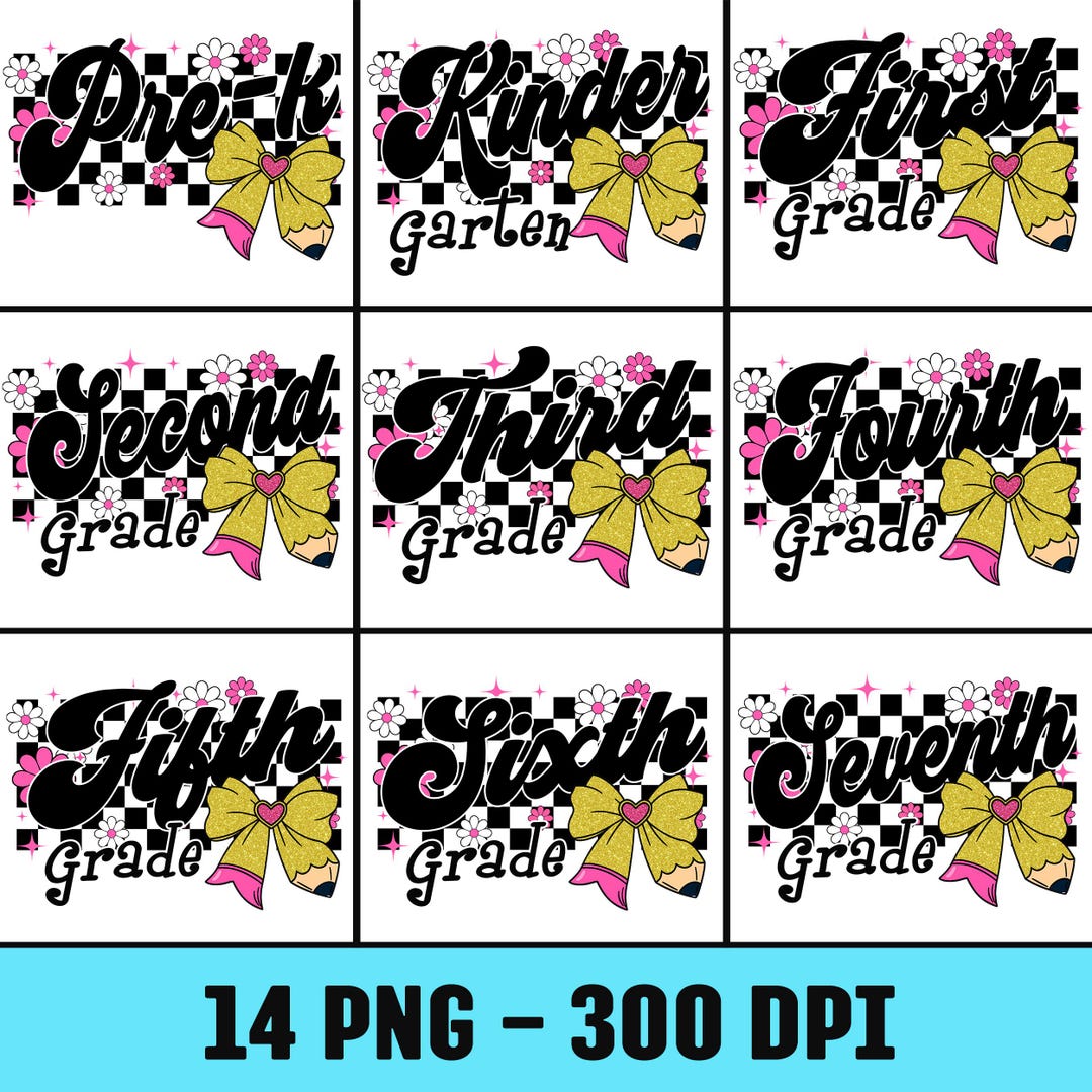 Back to School Pink Bow Grade PNG Bundle, Pre-k to 12th Grade ...