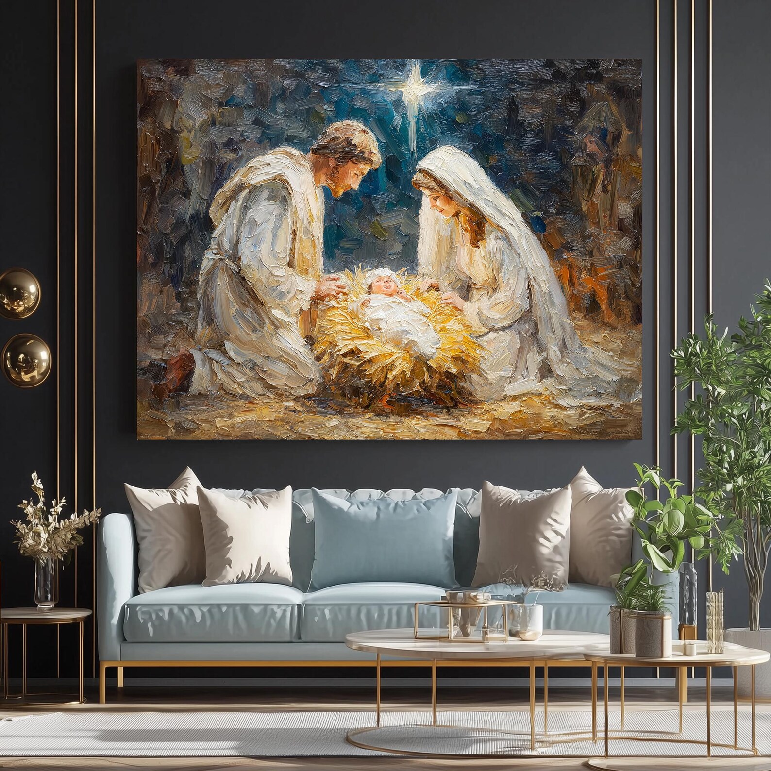 Holy Family Nativity Canvas – Baby Jesus Under Bethlehem Star ...