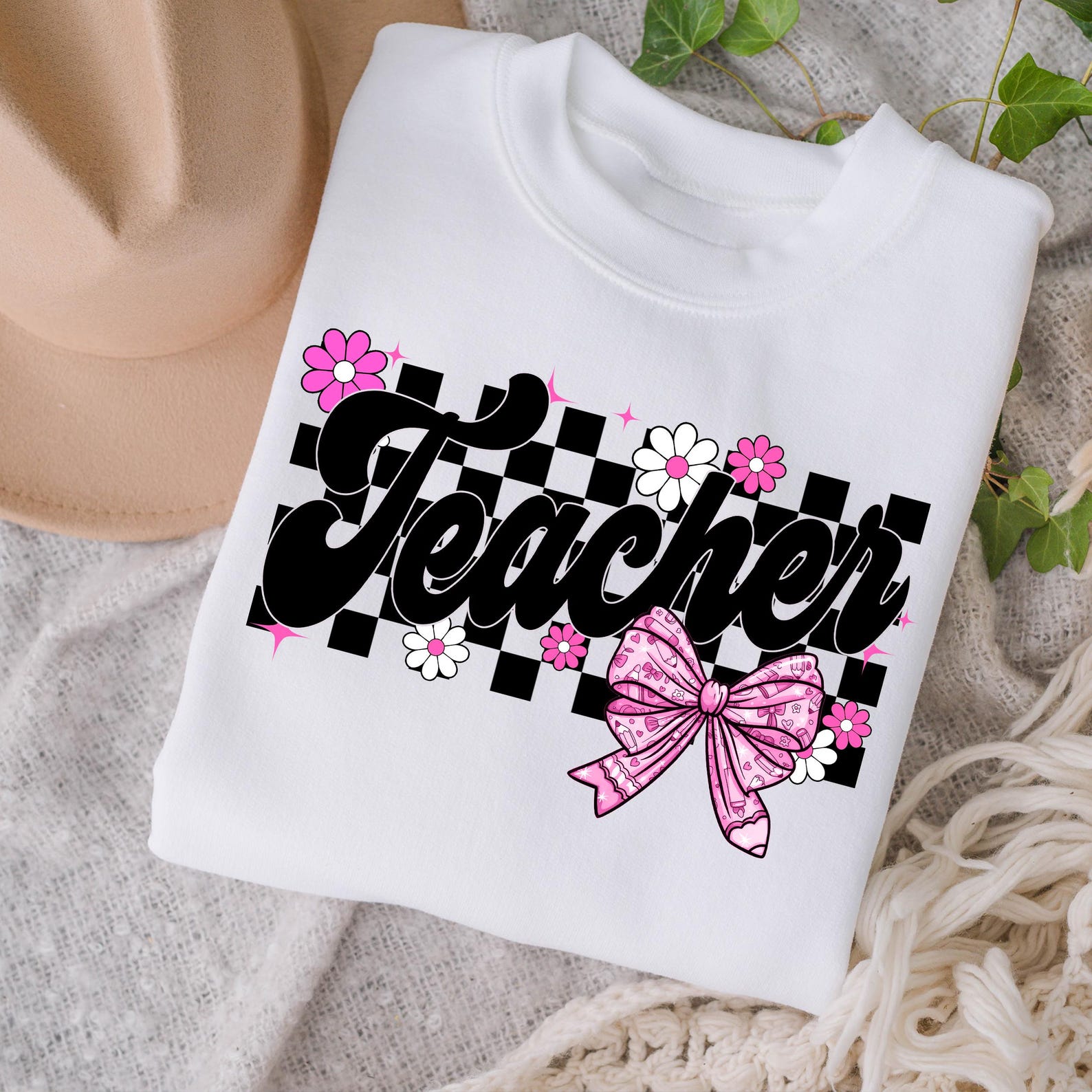 Teacher PNG | Pink Bow Checkered Sublimation Design | Cute Digital ...