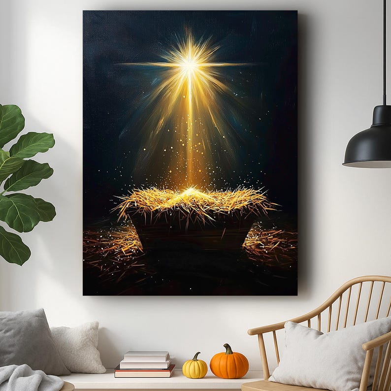 Manger Scene Canvas Print – Star of Bethlehem, Christian Christmas Wall ...