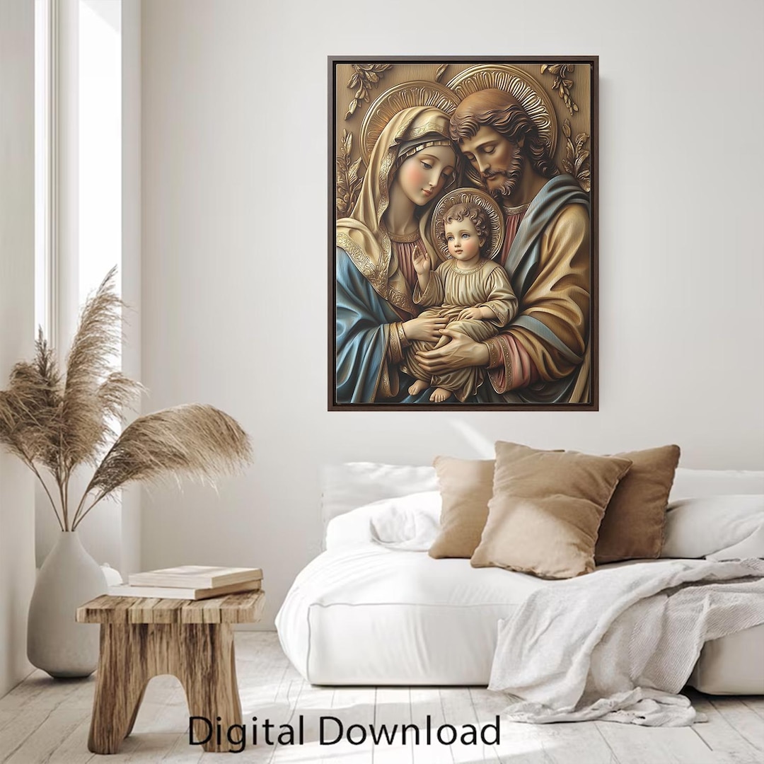 Holy Family Portrait - Virgin Mary, Baby Jesus, and St. Joseph Wall Art ...