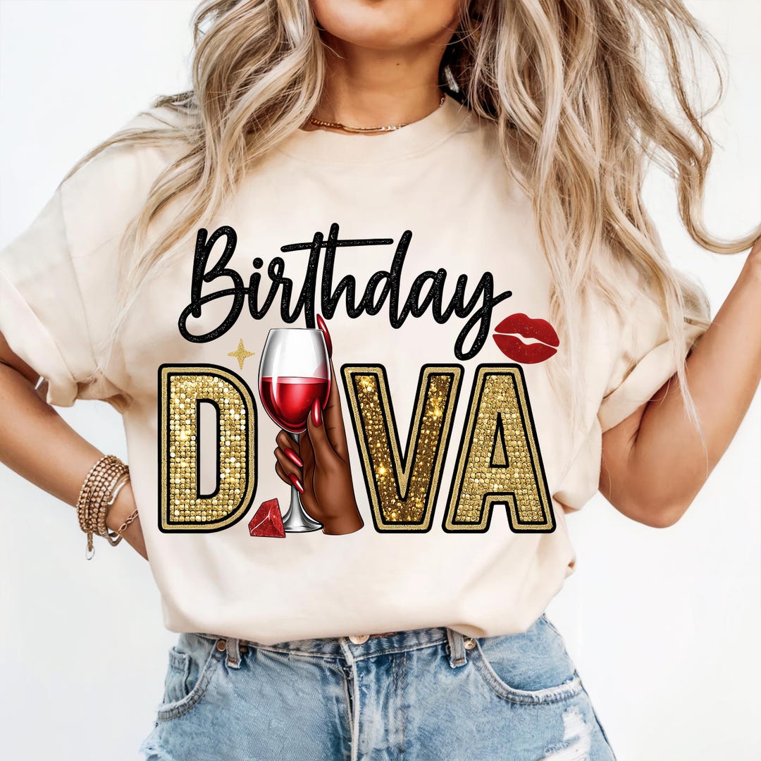 Birthday Diva PNG - Glam Wine Glass and Gold Sequin Lettering Digital ...
