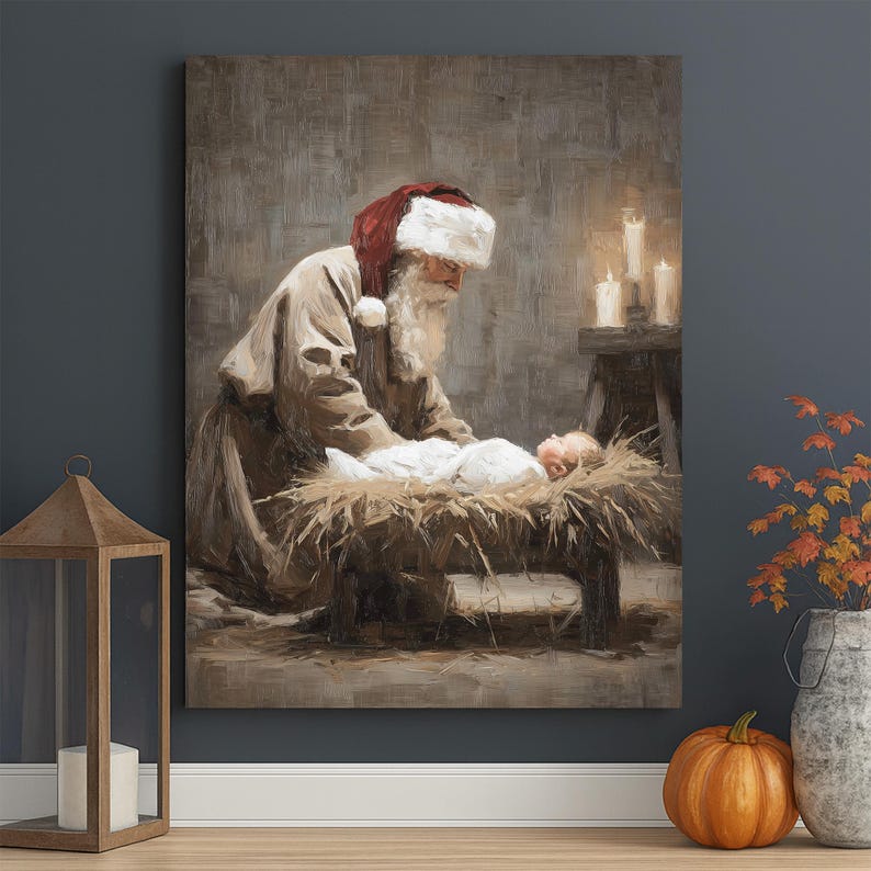 Santa Praying Over Baby Jesus – Nativity Painting Canvas, Christmas ...